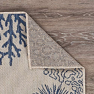 Lr Home Ox Bay Seamas Coastal Bordered Coral Reef Indoor/Outdoor Rug, White/Navy, 1'10" x 3'0"
