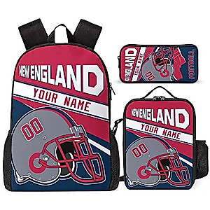 mdbozli New England Custom Football Backpack 3 Piece Set Add Your Name And Nume School Bag with Lunch Box and Pen Case Set Gift for Boys Girls