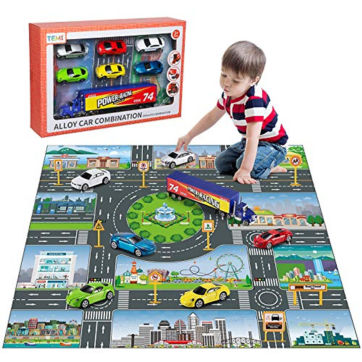 TEMI Diecast Racing Cars Toy Set w/Activity Play Mat, Truck Carrier, Alloy Metal Race Model Car & Assorted Vehicle Play Set for Kids, Boys & Girls