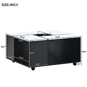 Modern Coffee Table with Storage & Casters, Coffee Tables for Living Room Cocktail Table with Removable Tray, Living Room High Gloss White Marble Top Center Table for Home Office