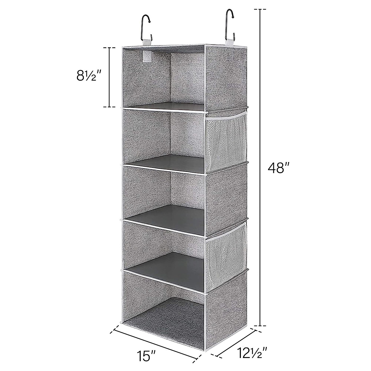 StorageWorks 5-Shelf Jumbo Hanging Storage Closet, Hanging Organizer for Closet Rod, Hanging Cloth Organizer Storage, Canvas, Gray, 13" D x 15" W x 47 ¾" H