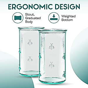 Amici Home Regina Hiball Glass | 18 Oz | Italian Made, Recycled Green Glass | Drinking Glass with Embossed Bee Design for Water, Juice, Iced Tea, Cocktails (Set of 6)