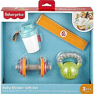Fisher Price Teething & Rattle Toys Baby Biceps Gift Set, Gym-Themed for Infant Fine Motor & Sensory Play, 4 Pieces
