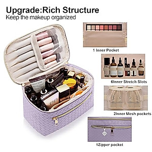 QFDS Makeup Bag,Travel Make Up Organizer Cosmetic Brush Bags Case for Women in Durable and PU Woven Plaid Leather,Portable Cosmetic Bag With Zipper Pocket (Purple)