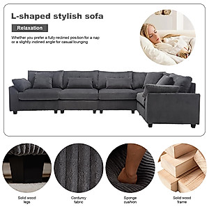 ATUMON 112" Oversized Corduroy Modular Sectional Sofa,L-Shaped Corner Couch with Detachable Cushion and 5 Throw Pillow,Deep Seat Comfy Upholstered Sofa (Dark Grey, 112" 5 Seater)