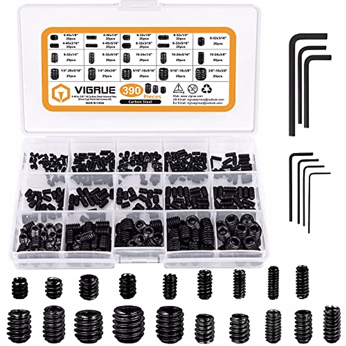 VIGRUE 390Pcs #4-40 to 3/8"-16 SAE Hex Allen Head Socket Set Screws Grub Screw Bolts Assortment Kit, Carbon Steel Internal Hex Drive Cup-Point Screws with 7pcs Hex Wrenches