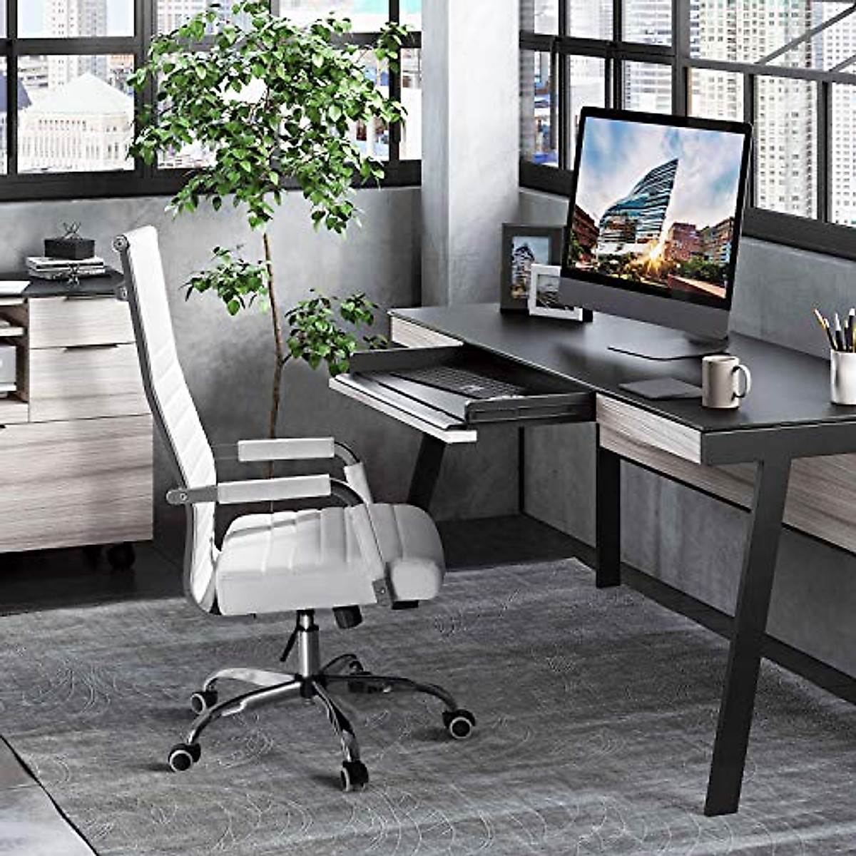 Tuoze Office Chair High Back Leather Desk Chair Modern Executive Ribbed Chairs Height Adjustable Conference Task Chair with Arms (White)