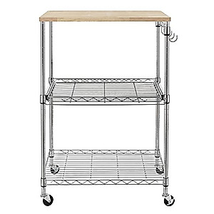 Finnhomy 3-Tier Wire Rolling Kitchen Cart, Food Service Cart, Microwave Stand, Oak Cutting Board and Chrome