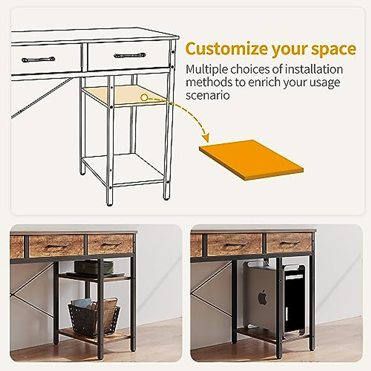 CubiCubi 47 Inch Computer Desk with Fabric Drawers and Storage Shelfs, Small Office Home Desk, Study Writing Table, Modern Simple Desk, Rustic Brown
