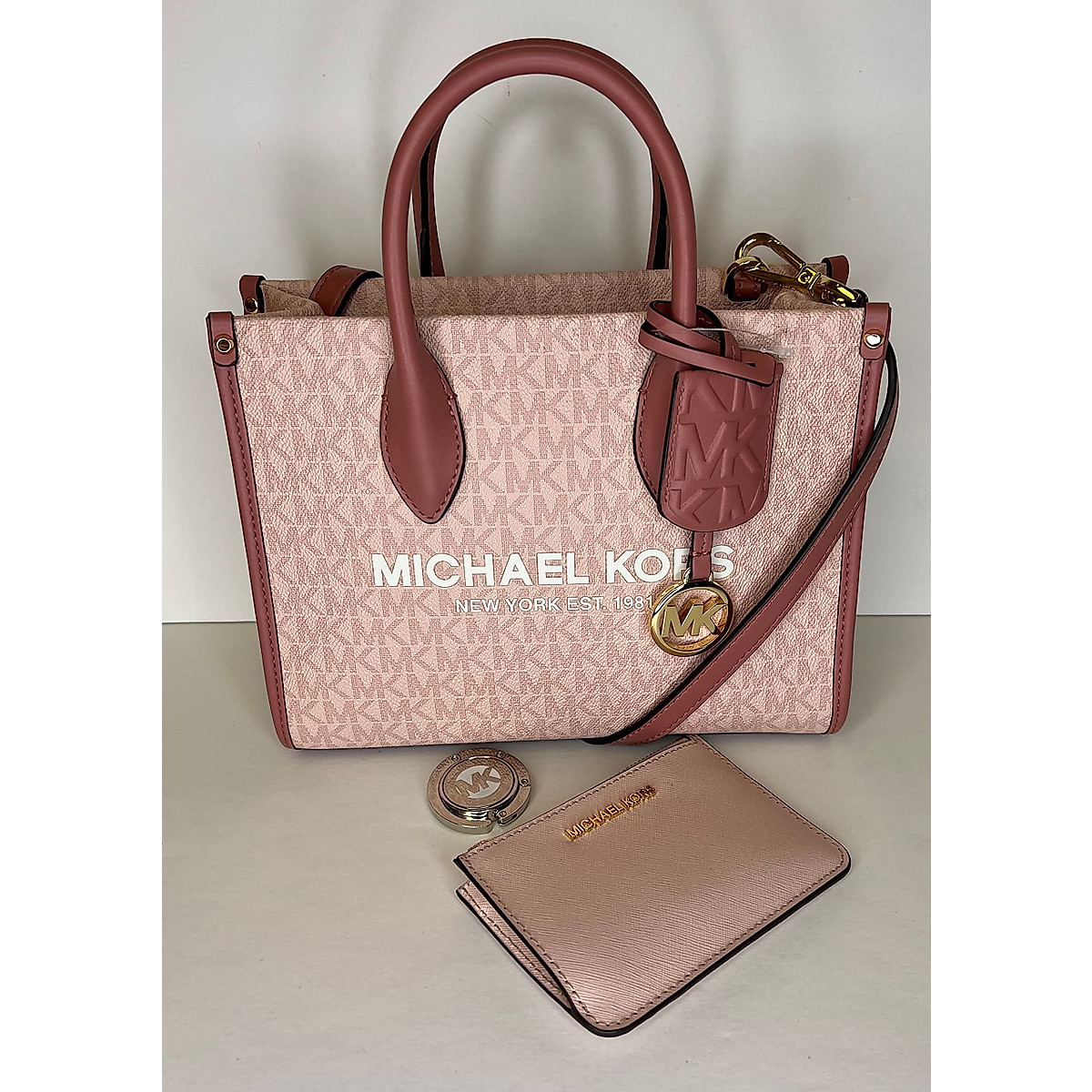 Michael Kors Mirella Small Shopper Top Zip Bag bundled SM TZ Coinpouch Purse Hook (Pink MK Signature)