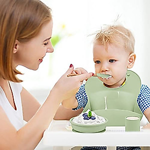 Baby Feeding Set, BPA free, Food Grade Silicone Dinner Plate and Cutlery Set, Learn To Eat on Your Own, Set Includes Suction Cup Bowl, Spoon, Bib and Cup (Fruit Green)