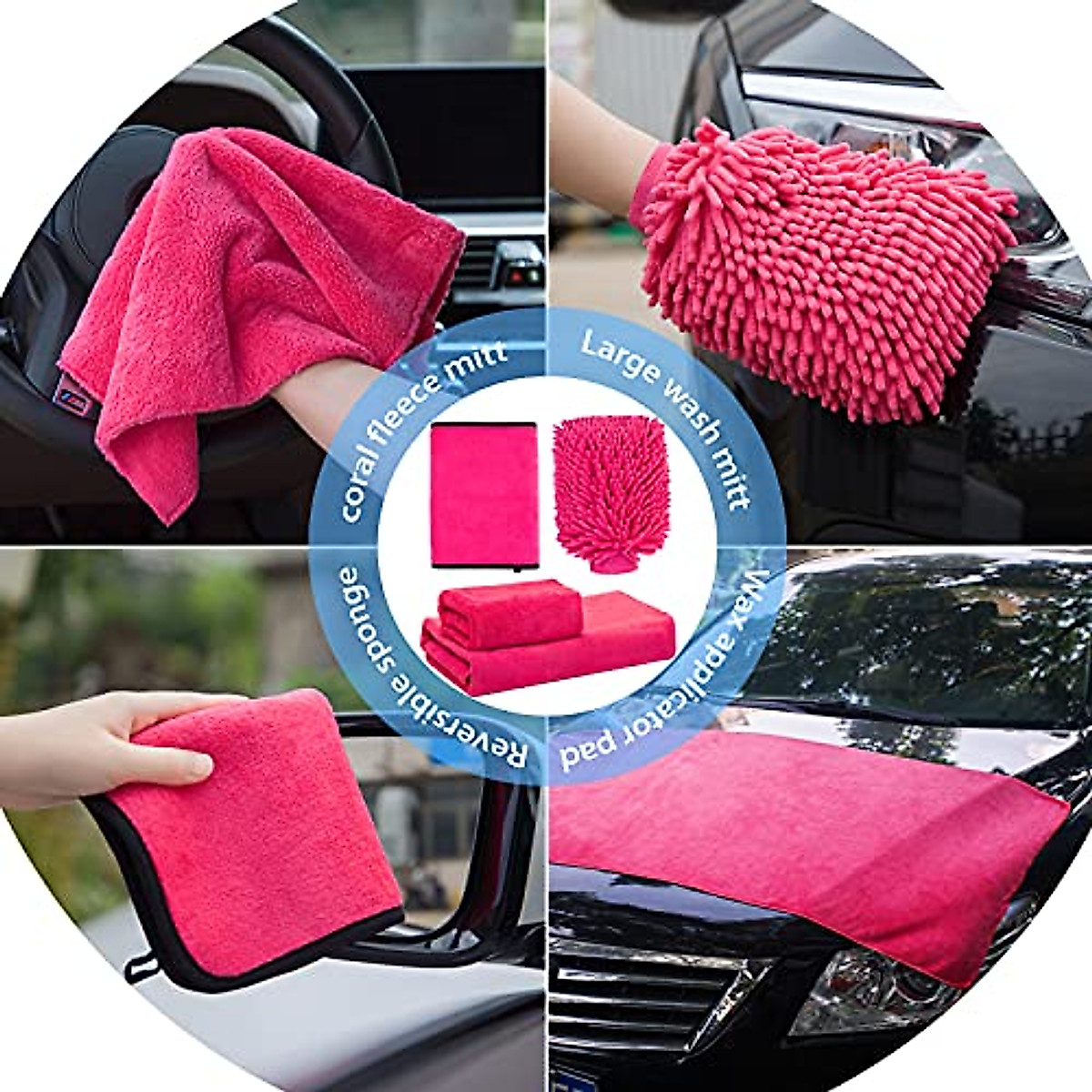AUTODECO 24Pcs Car Wash Cleaning Tools Kit Car Detailing Set with Canvas Bag Pink Collapsible Bucket Larger Wash Mitt Towels Tire Brush Extendable Window Scraper Complete Interior Car Care Kit