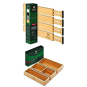 ROYAL CRAFT WOOD Adjustable Bamboo Drawer Dividers Organizers and Storage Box Set of 3