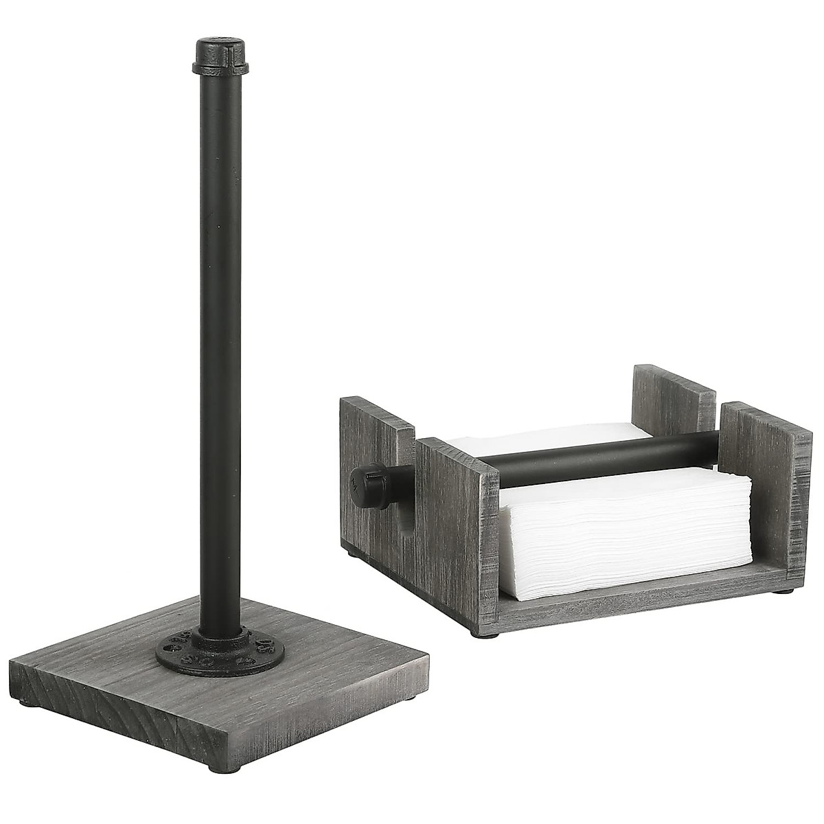 MyGift 2 Piece Rustic Gray Wood and Industrial Metal Kitchen Countertop Paper Towel Holder and Flat Napkin Holder with Weighted Arm