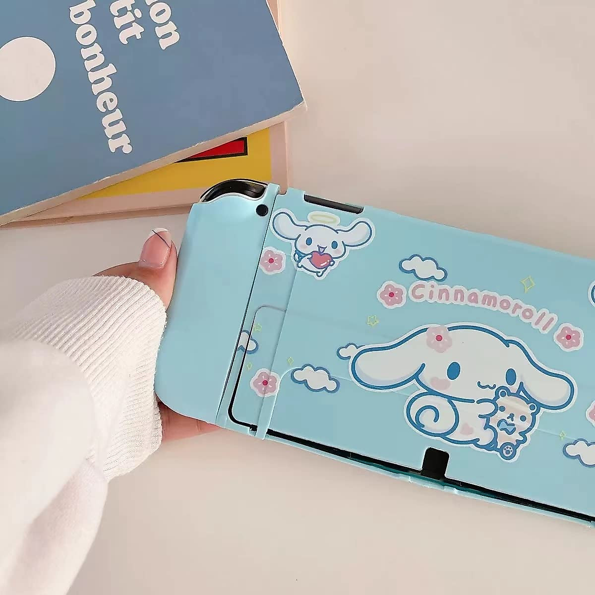 Cute Cinnamon roll Case Compatible with Nintendo Switch OLED, Dockable Case Cover, Ergonomic Soft TPU Grip Case for Joycon, Sparkle Skin Set