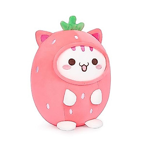 AIXINI Cute Strawberry Cat Plush Pillow 8" Kitten Stuffed Animal, Soft Kawaii Cat Plushie with Strawberry Outfit Costume Gift for Kids