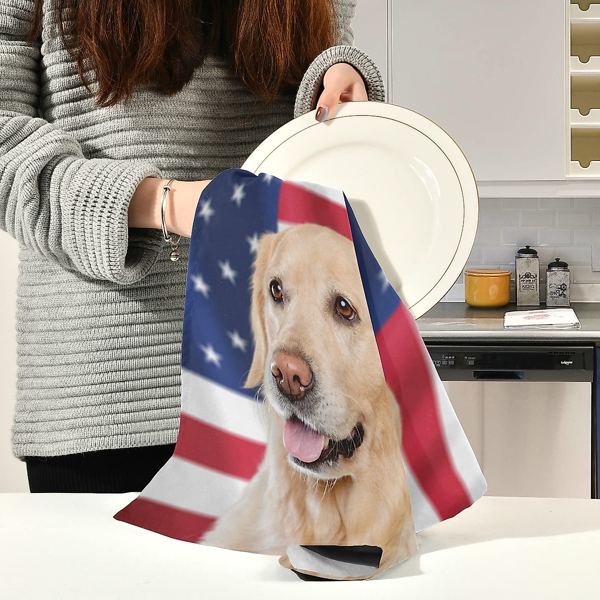 ALAZA Golden Retriever and American Flag Kitchen Towels Absorbent Dish Towels Soft Wash Clothes for Drying Dishes Cleaning Towels for Home Decorations Set of 4, 28 X 18 Inch
