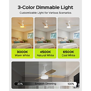 JACKYLED 52 Inch Ceiling Fan with Light Remote Control, 6 Fan Speeds & 3-Color Dimmable Light, Quiet Reversible DC Motor, LED Ceiling Fan Light for Bedroom, Living Room, White/Lightwood Blades
