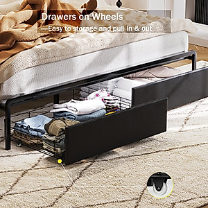 Ailisite Queen Size Bed Frame with Headboard and Storage Drawers, Upholstered Black Platform Bed Frame with Storage Typ-C Charging Port,LED Queen Bed Frame with Headboard,Heavy Duty,No Box Spring Need