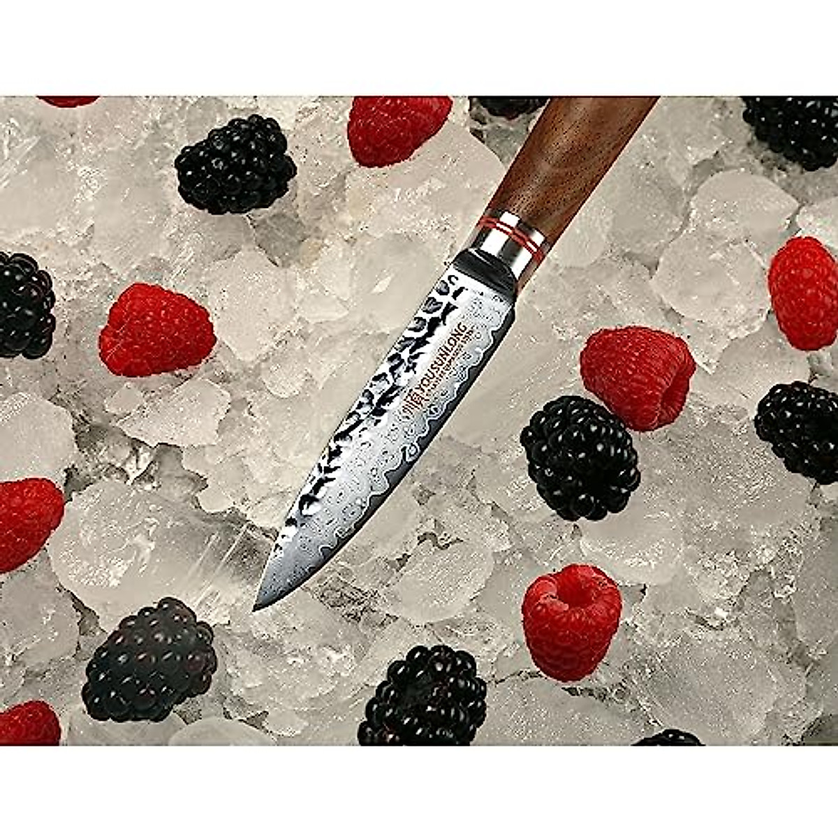 YOUSUNLONG Paring Knives 3.5 Inch - Japanese Hammered Damascus Steel Peeling Knife - Natural Walnut Wooden Handle