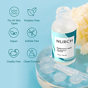 NURCH Pure Hyaluronic Acid Serum for Face + Snow Mushroom + Vitamin B5 | Natural & Lightweight | Vegan, Clean, & Fragrance Free | Moisturizer Hydrates Dry Skin & Reduces Appearance of Fine Lines, 1 Oz