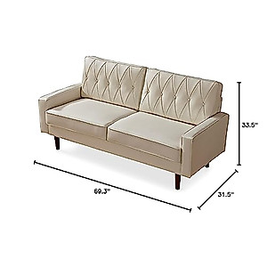 Container Furniture Direct Modern Style Faux Leather Sofa with Elegant Round Tapered Legs and Button Tufted Backrest Perfect for Living Room, Bedroom or Home Office, 69.3’’ Wide, White