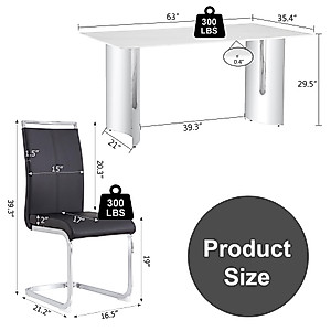 Maotifeys Marble Dining Table Set for 6, 7 Piece Modern Dining Room Table Set with Rectangle Kitchen Table and Black Upholstered Pu Leather Chairs, 63" White Faux Marble Dining Table Chairs Set of 6