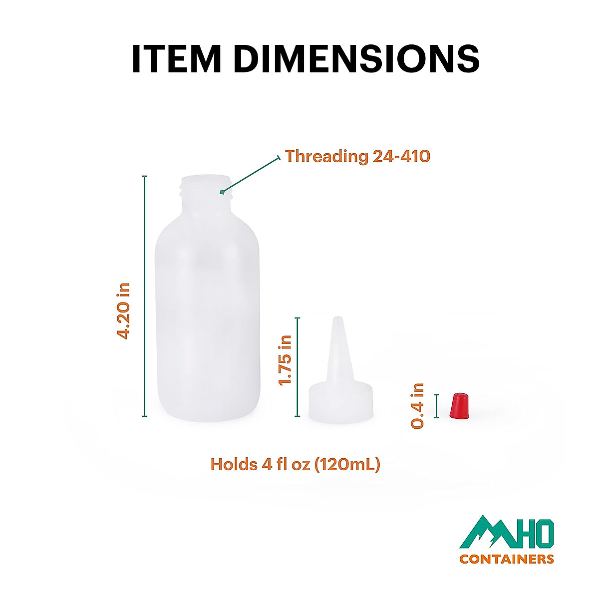 MHO Containers | 4 fl oz LDPE Plastic Boston Round Applicator Bottles with 24m Yorker Red-Tip Caps, Made in the USA - Pack of 6