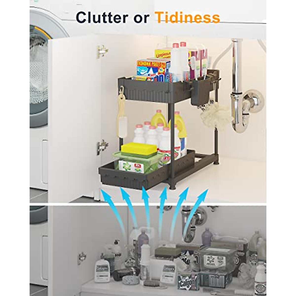 MHHA Under Sink Organizer, 2 Tier Sliding Bathroom Cabinet Organizer and Storage，Multi-purpose Under Kitchen Sink Oragnizers and Storage,1 Pack (Black)