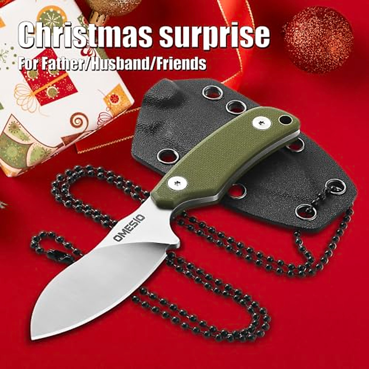 Omesio Neck Knife, Full Tang EDC Knife Necklace for Men, 5.82" Fixed Blade Knife with Kydex Sheath and Clip, Nessmuk Blade Small Knife D2 Steel G10 Handle for Outdoor, Survival, Camping