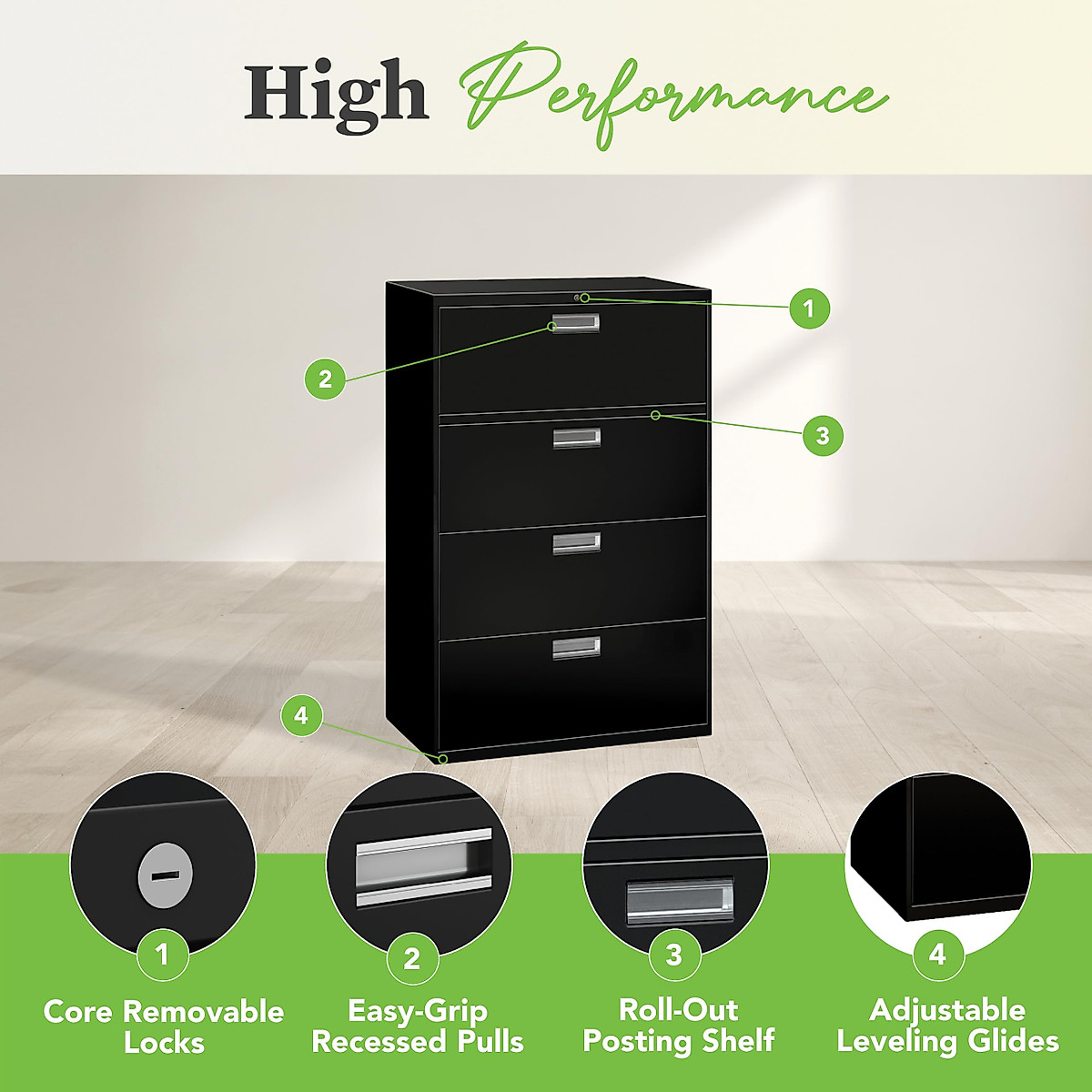 HON Adjustable Hangrails for A4, Legal, Letter Files Lock-600 Series Lateral Office Storage Locking Metal Cabinet 36" W x 18" D, 4 Drawers, Black