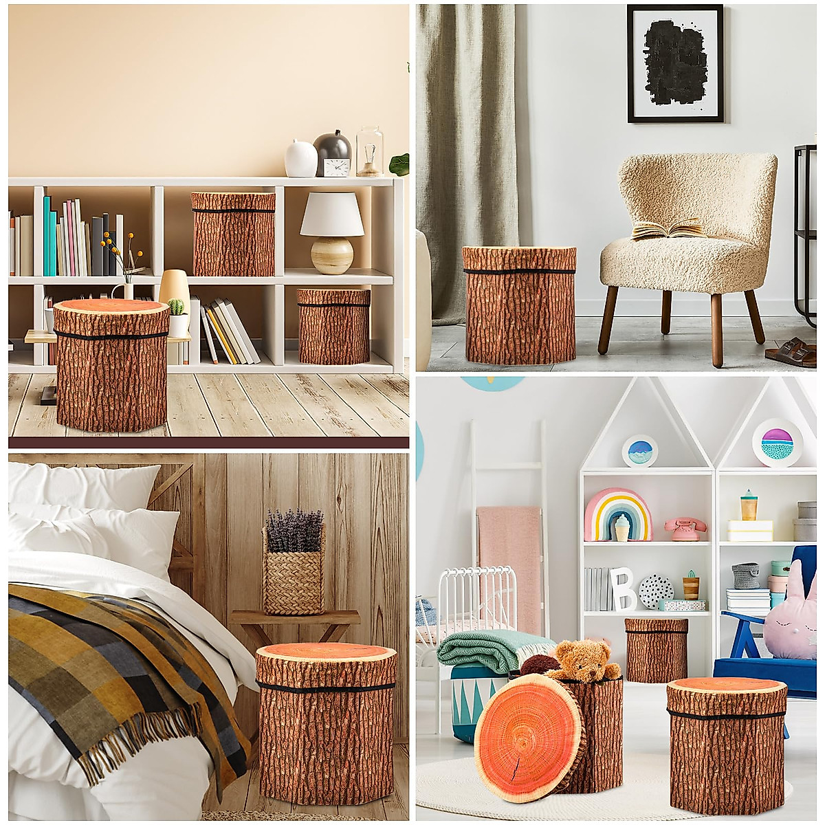 Amylove 6 Pack Tree Stump Storage Stool 12 x 12 Inch Storage Stool Ottoman, Cute Folding Storage Toy Box with Foam Cushion, Collapsible Storage Seat Chest (Classic)