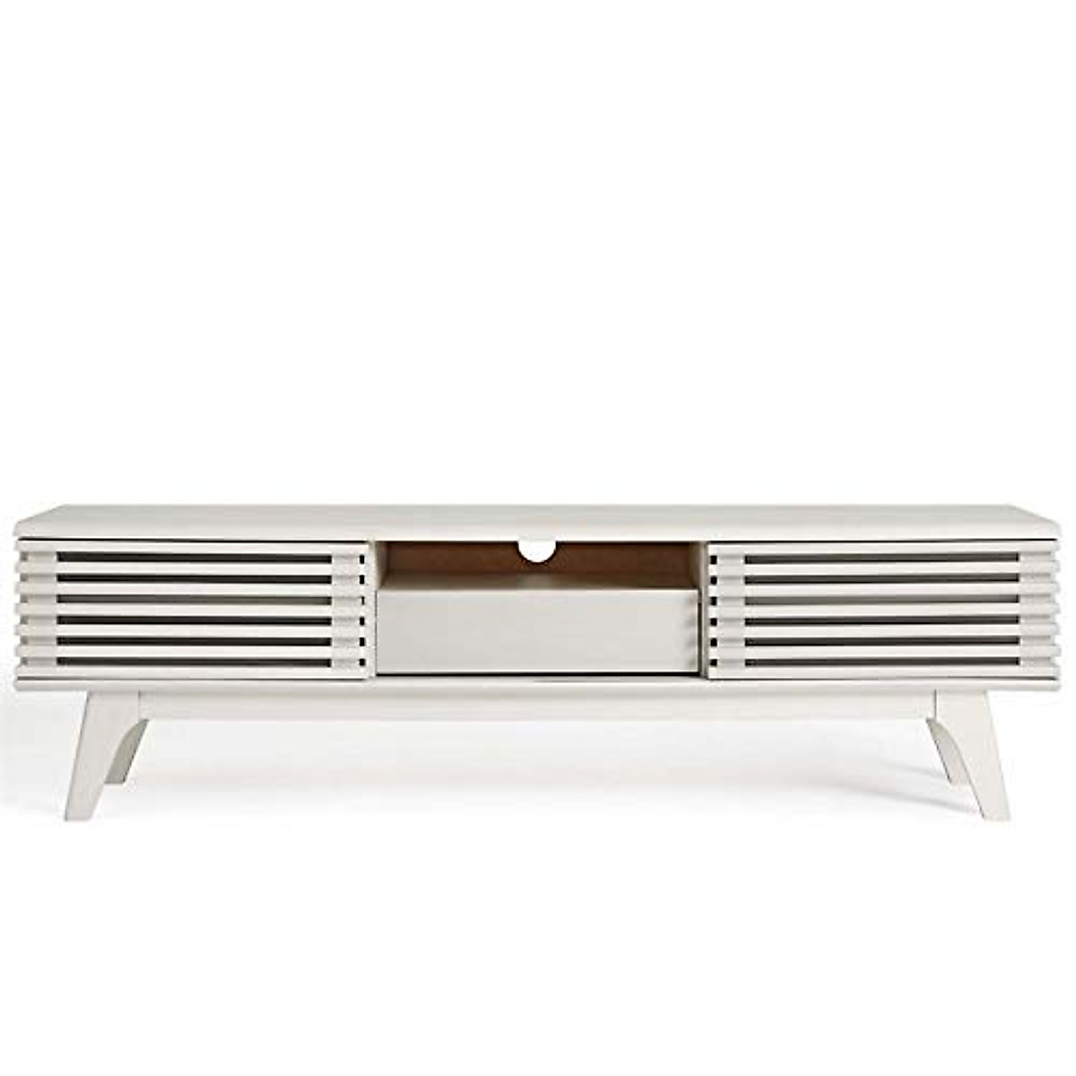 Levan Home Mid Century Modern Low Profile 59" Retro TV Stand with Slatted Shelves in White
