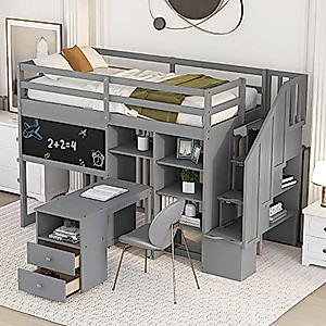 Harper & Bright Designs Twin Loft Bed with Stairs, Solid Wood Loft Bed with Pullable Desk and Storage Shelves and Blackboard, for Bedroom, Dorm, Boys, Girls, Adults (Twin Size, Gray)