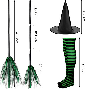 Halloween Witch Costume Accessories Set Witch Broom Plastic Broomstick Black Witch Hat Striped Tights for Halloween Party (Green)
