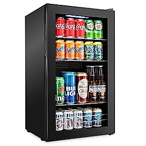 Ivation 126 Can Beverage Refrigerator | Freestanding Ultra Cool Mini Drink Fridge | Beer, Cocktails, Soda, Juice Cooler for Home & Office | Reversible Glass Door & Adjustable Shelving - Black