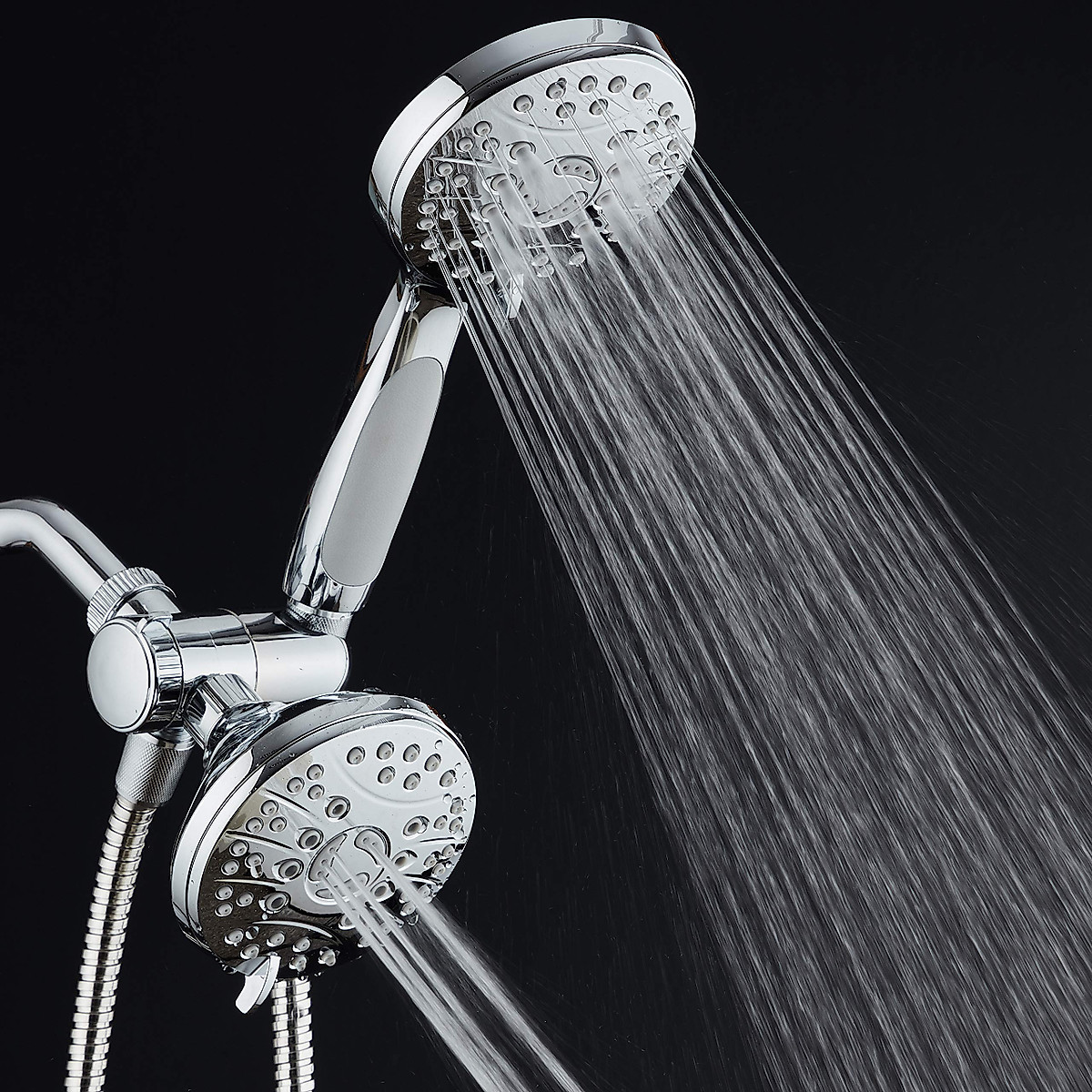 AquaSpa High Pressure 48-mode Luxury 3-way Combo – Dual Rain & Handheld Shower Head – Extra Long 6 Foot Stainless Steel Hose – Anti Slip Grip – All Chrome Finish – Extra Wall Bracket