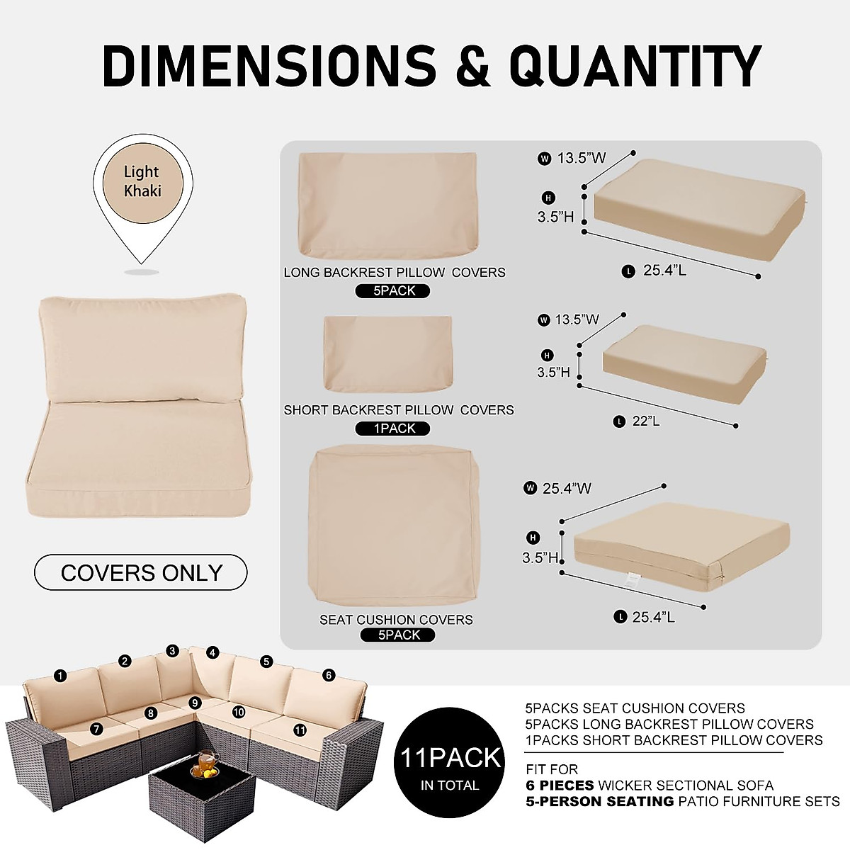 ClawsCover 11Pack Outdoor Seat and Back Cushions Replacement Covers Fit for 5-Seater 6Pieces Wicker Rattan Patio Furniture Conversation Set Sectional Couch Chairs,Light Khaki-Included Cover Only
