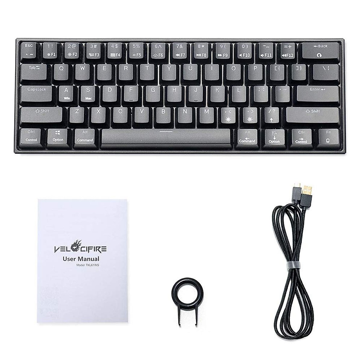 VELOCIFIRE Wireless Bluetooth Mechanical Keyboard, M1 TKL61WS 61-Key 60% Tactile Brown Switch Mini Portable Mechanical Keyboard with Ice Blue Backlit, Compatible with Mac OS and Windows OS(Black)
