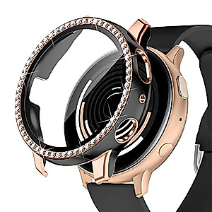 GEAK Compatible with Samsung Galaxy Watch Active 2 Case 40mm, Overall Guard Diamonds HD Screen Protector with Rose Gold Edges Design for Samsung Active 2 Watch Women Girls 40mm Black/Rosegold