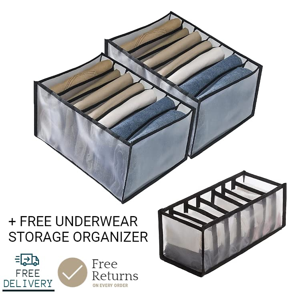 [2 PCS + 1 Free] Wardrobe Clothes Organizer for Folded Clothes - 7 Grid Wardrobe Clothes Organizer for Jeans, Underwear, T-Shirts, Leggings - Wardrobe Closet Organizer - Mesh Nylon(Black)