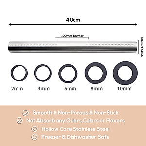 Adjustable Rolling Pin with Thickness Rings for Baking -Non Stick Stainless Steel Dough Roller Pin with Bands for Cookie,Wood,Wooden and Bread (Grey, 15.8 '')