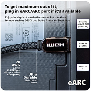 8K HDMI ARC/eARC Cable for Soundbar 6.6FT/2M [Certified] HDMI 2.1 Cable 48Gbps Ultra High Speed Cable in-Wall Safe, 4K 120Hz, Supports Dynamic HDR, HDCP, Dolby Atmos for Vizio Samsung Bose Sound Bars