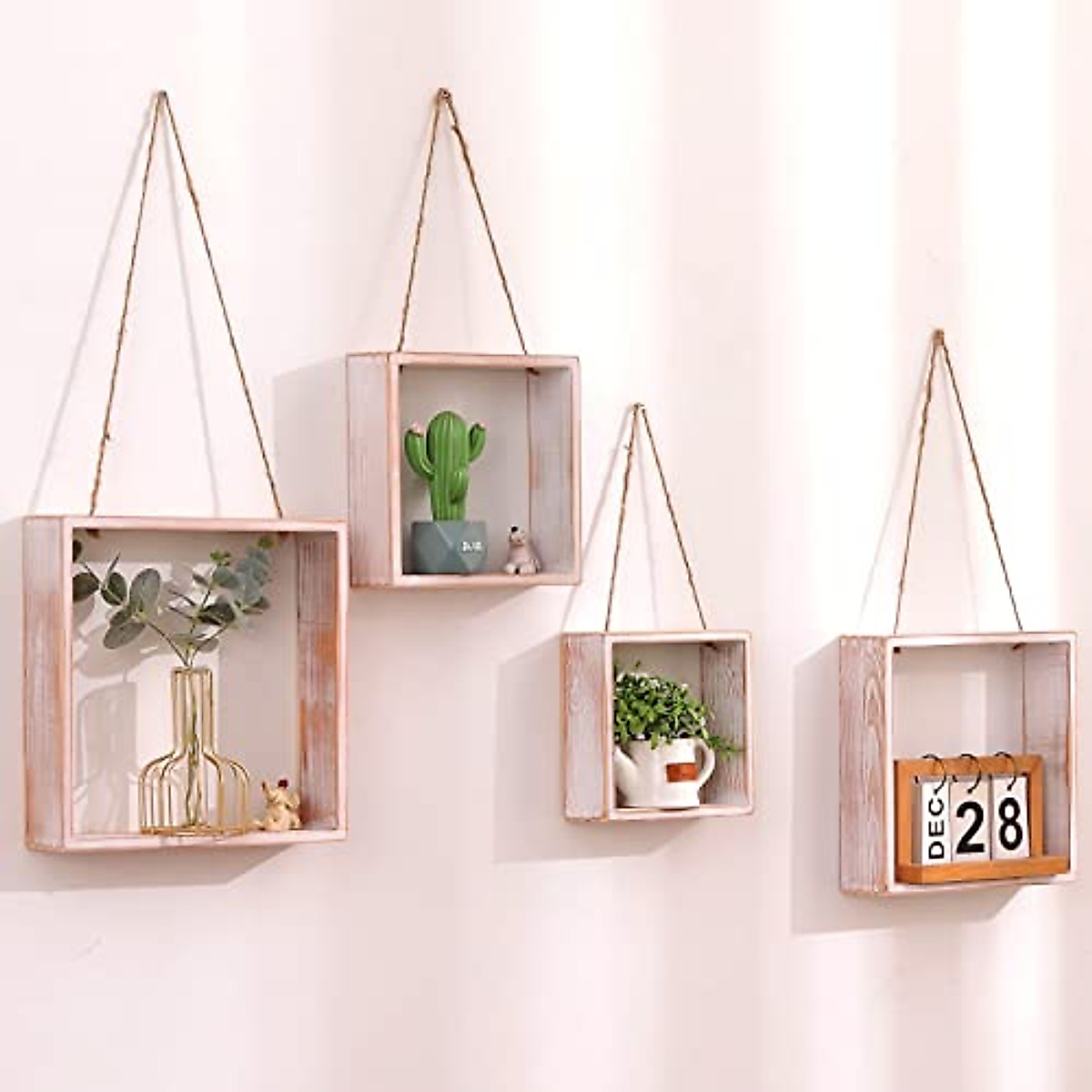 Square Farmhouse Easter Washedwhite Floating Shelves,Wall Mounted Cube Display Shelf Shadow Boxes,Large Wooden Wall Organizer Hanging Shelf,Home Boho Wall Decorations for Living Room Bedroom,Set of 4
