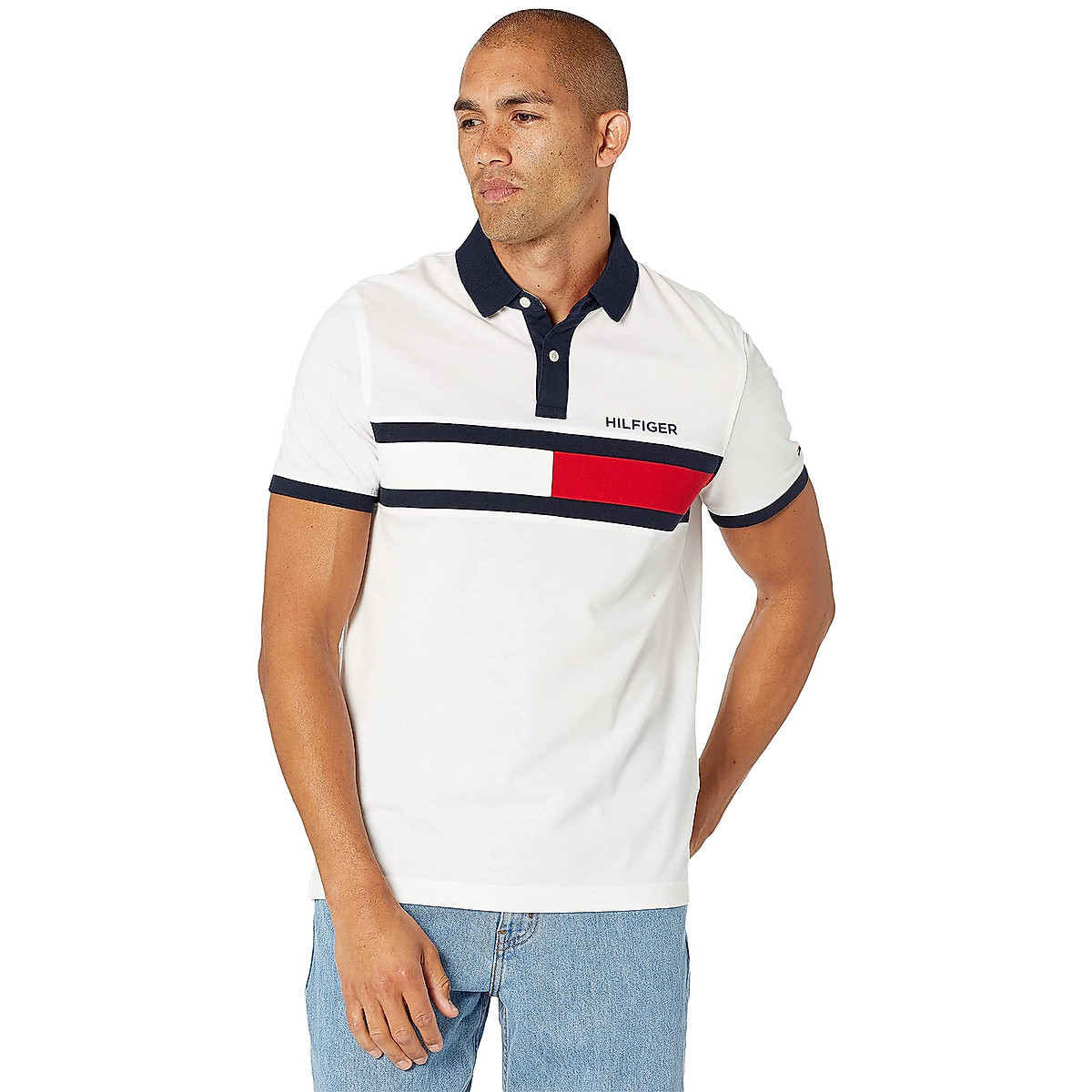 Tommy Hilfiger Men's Short Sleeve Cotton Pique Flag Polo in Regular Fit, BRIGHT WHITE, X-Large