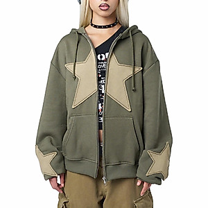 Karwuiio Women Y2k Zip Up Hoodies Star Graphic Long Sleeve Jackets Hip Hop Harajuku Oversized Hooded Sweatshirt(Gray Green,L)