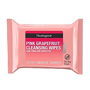 Neutrogena Oil-Free Facial Cleansing Makeup Wipes with Pink Grapefruit, Disposable & Pre-Moistened Daily Acne Face Towelettes to Remove Dirt, Oil & Makeup for Acne Prone Skin, 25 ct