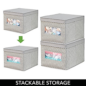 mDesign Large Soft Stackable Fabric Baby Nursery Storage Organizer Holder Bin Box with Front Window/Lid for Child/Kids Bedroom, Playroom, Classroom, Spira Collection, 4 Pack, Taupe/Natural