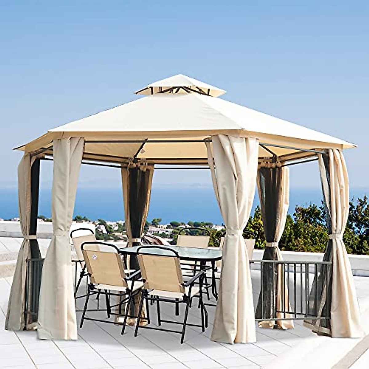 Outsunny 13' x 13' Patio Gazebo, Double Roof Hexagon Outdoor Gazebo Canopy Shelterwith Netting & Curtains, Solid Steel Frame for Garden, Lawn, Backyard and Deck, Beige