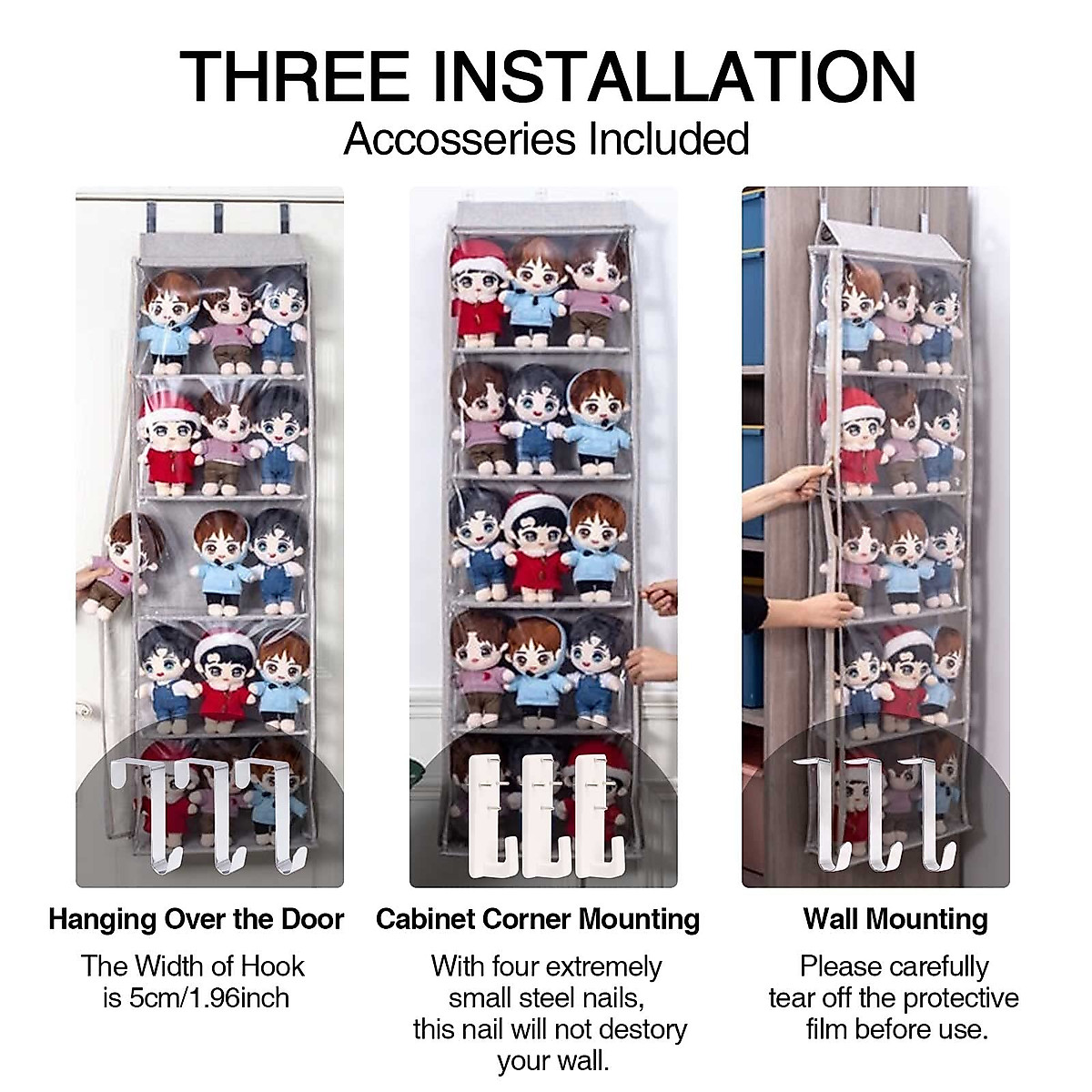 Stuffed Animal Storage, Hanging Over The Door Stuffed Animal Organizer with 5 Clear Dust-Proof Pocket Organizer for Display Kid's Toys.(Light Gray)